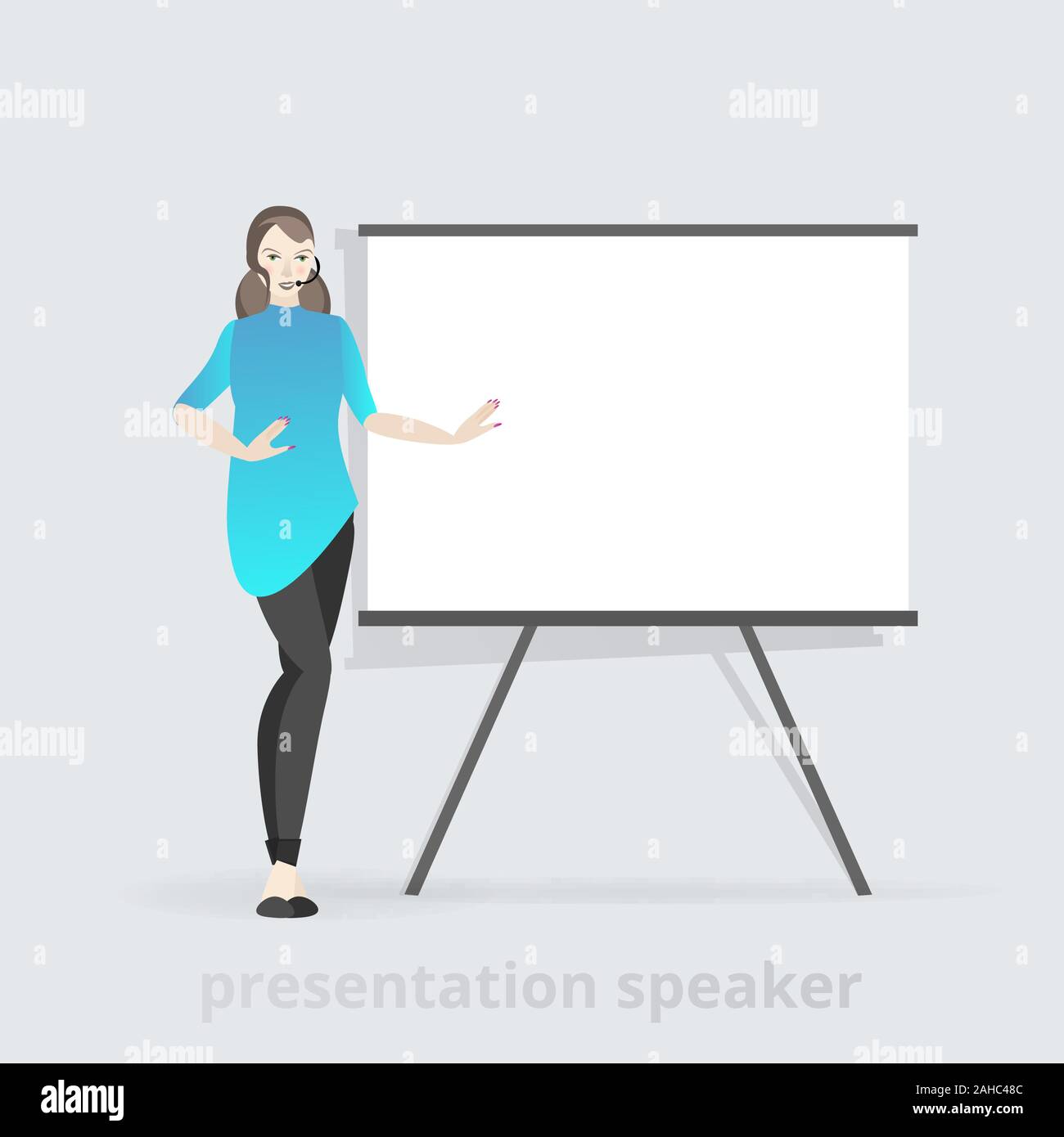 Cartoon beautiful smiling woman presentation speaker near board with ...