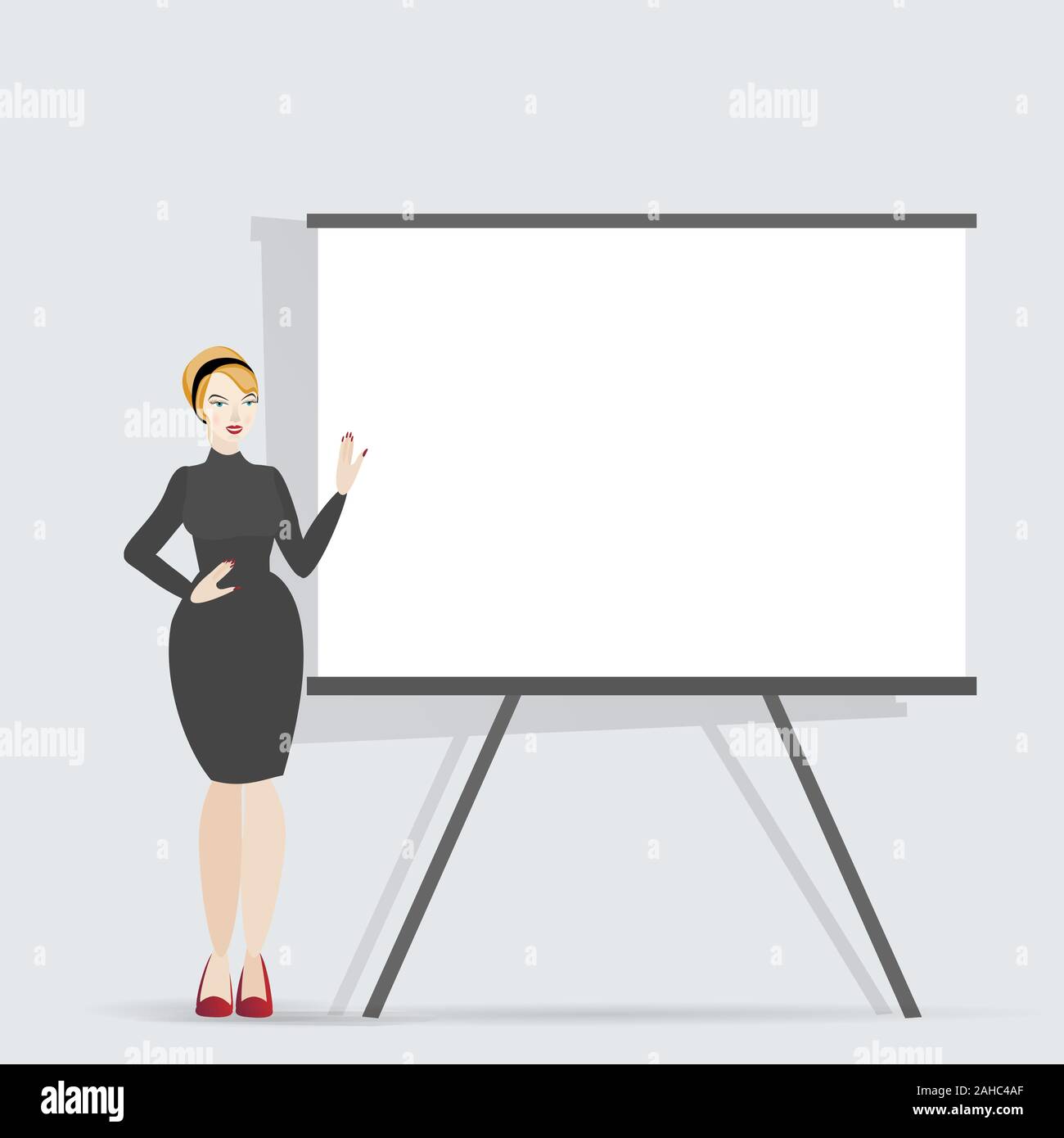 Cartoon beautiful blond smiling woman presentation speaker near board ...