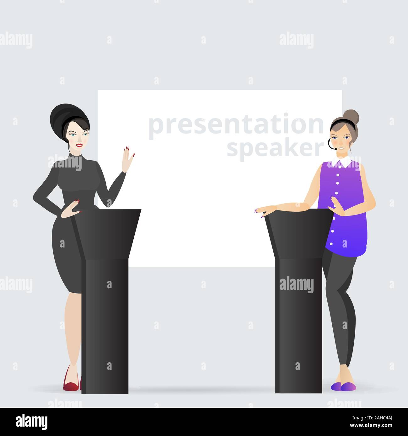 Cartoon beautiful smiling Women presentation speaker debates near big ...