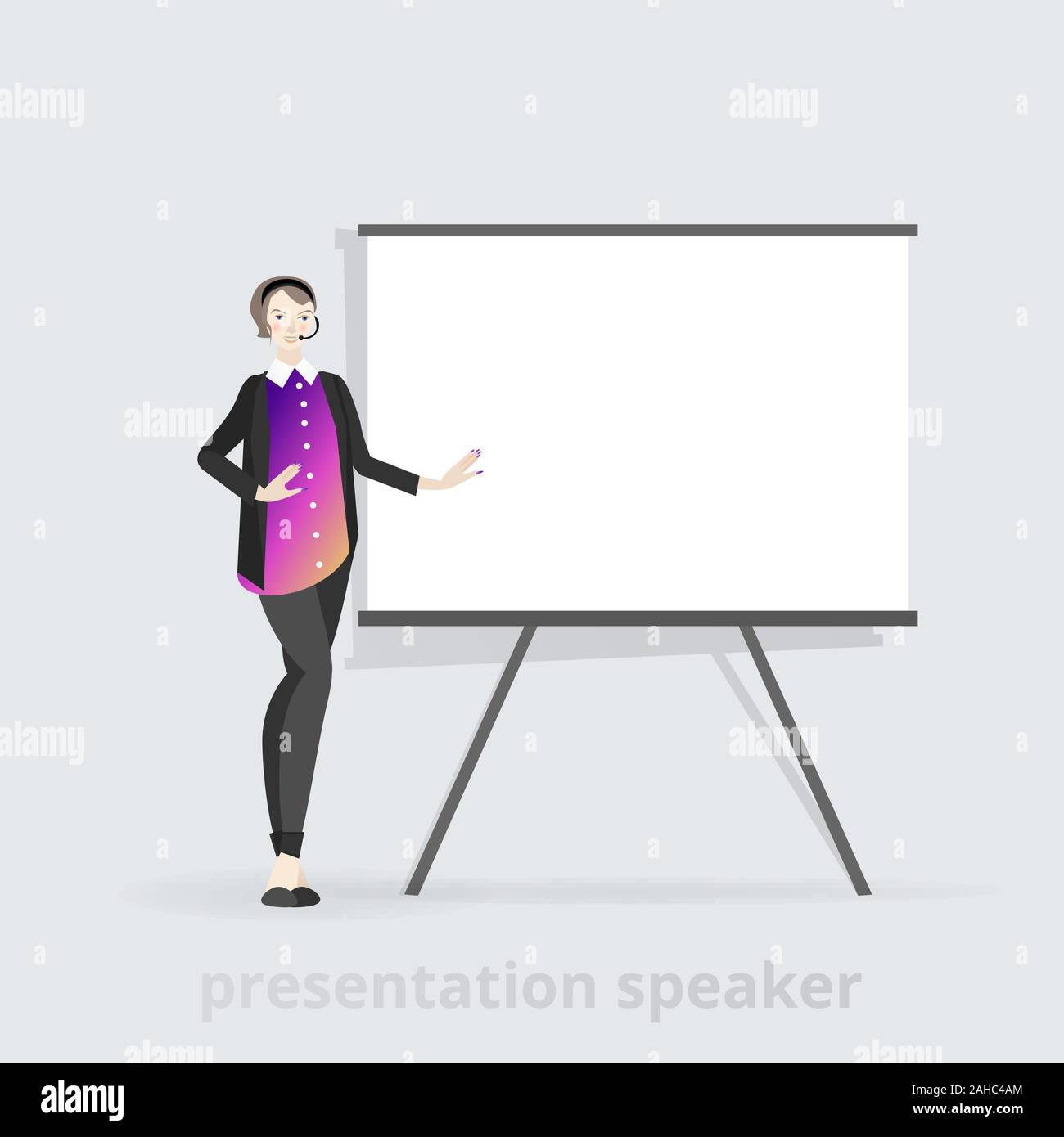Cartoon beautiful smiling woman presentation speaker near board with ...