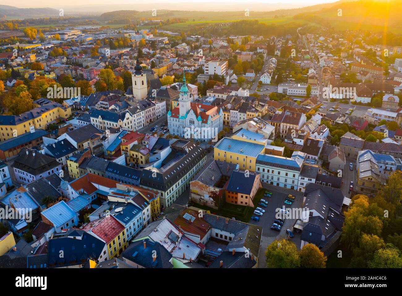 Aerial view of Sumperk cityscape overlooking Town hall and Saint John ...