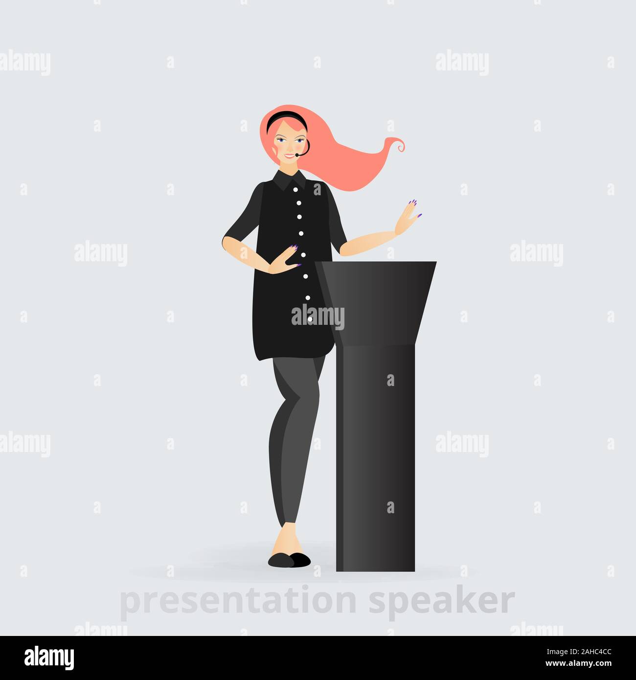 Cartoon beautiful smiling Woman speaker giving speech from tribune ...