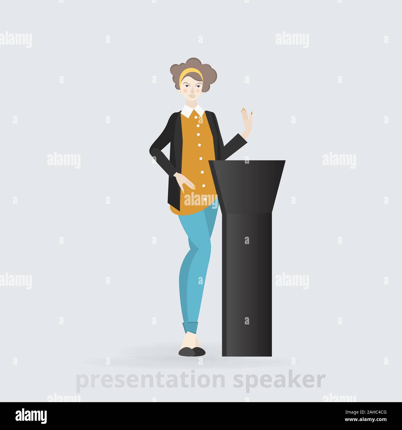 Cartoon beautiful smiling Woman speaker giving speech from tribune ...