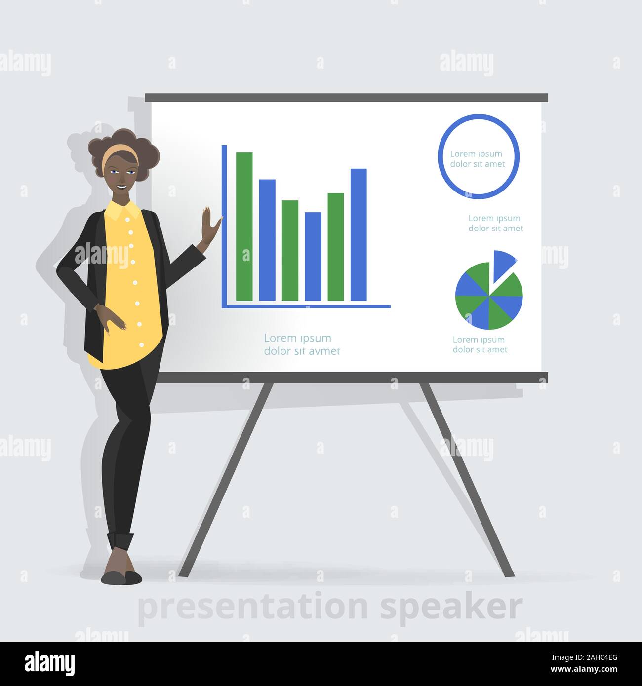 Beautiful smiling woman, presentation speaker near board with graphs ...