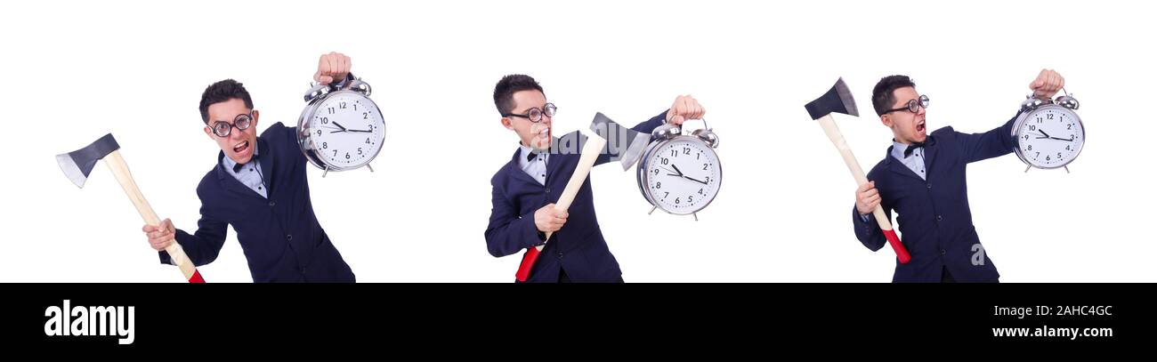 The funny man with axe and clock on white Stock Photo - Alamy