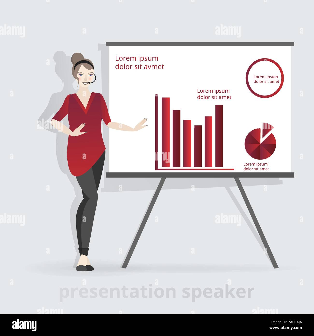 Beautiful smiling woman, presentation speaker near board with graphs ...