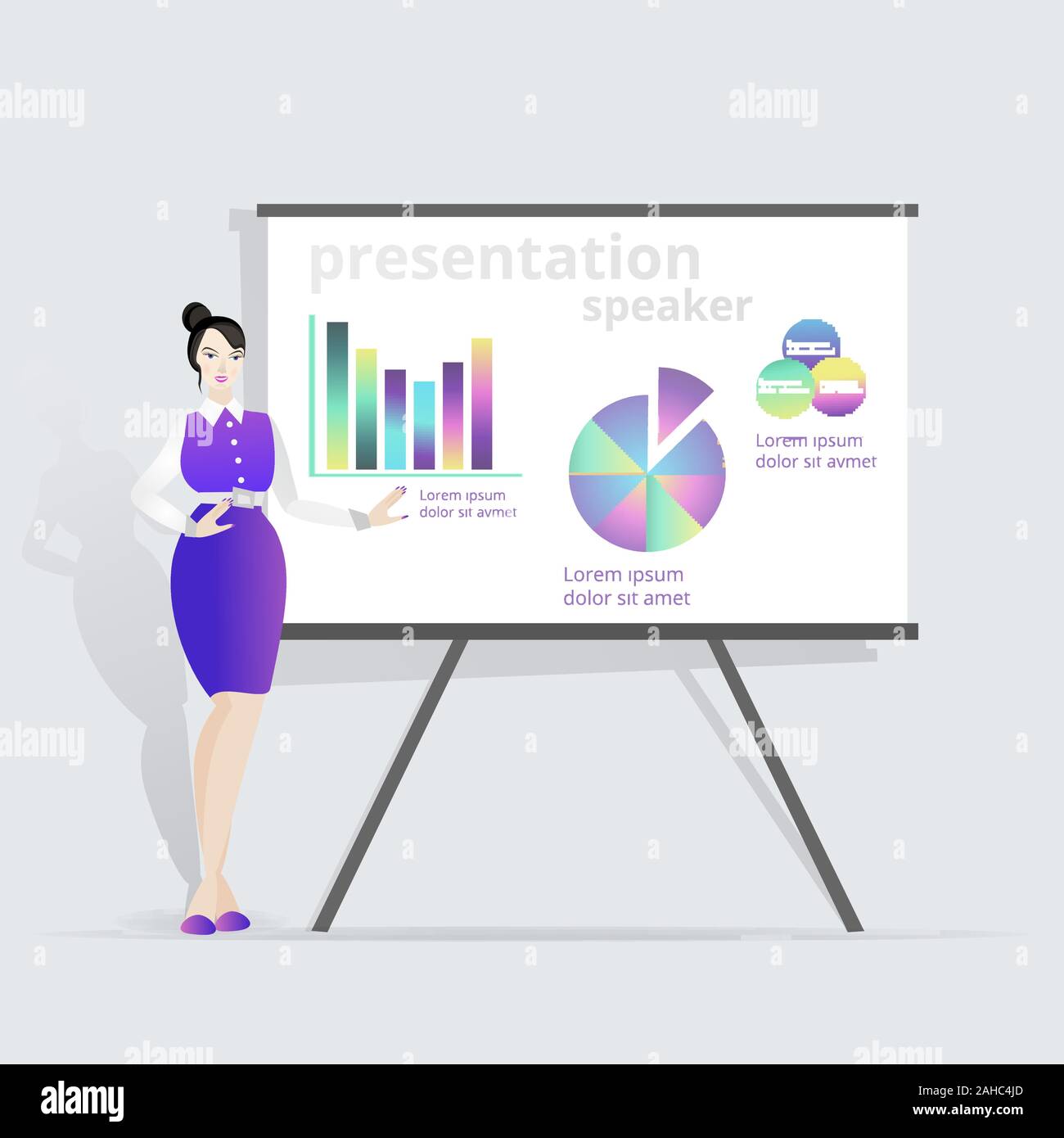 Beautiful smiling woman, presentation speaker near board with graphs ...