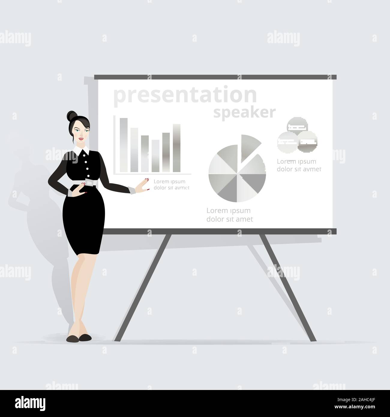 Beautiful smiling woman, presentation speaker near board with graphs ...