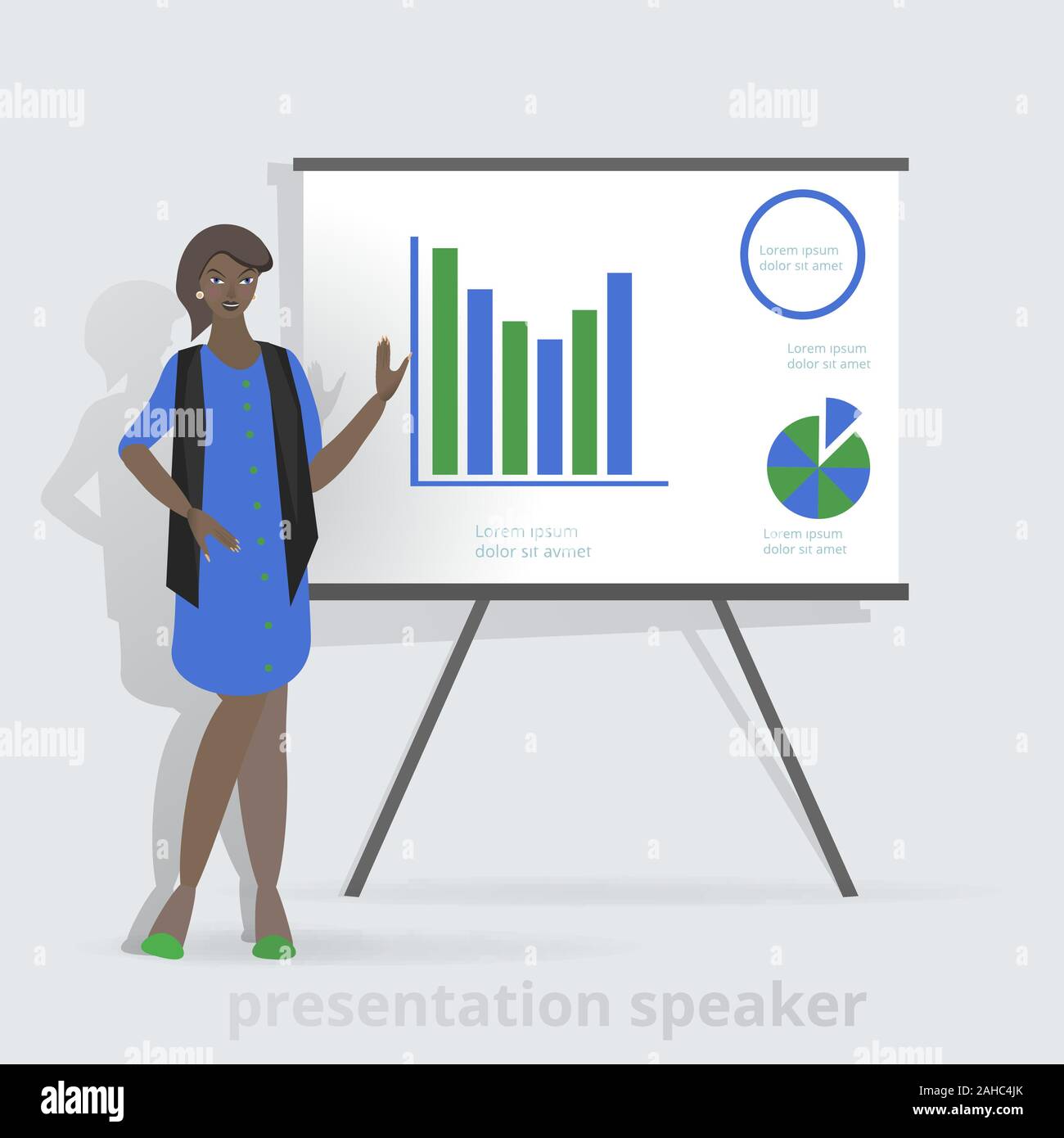 Beautiful smiling woman, presentation speaker near board with graphs ...