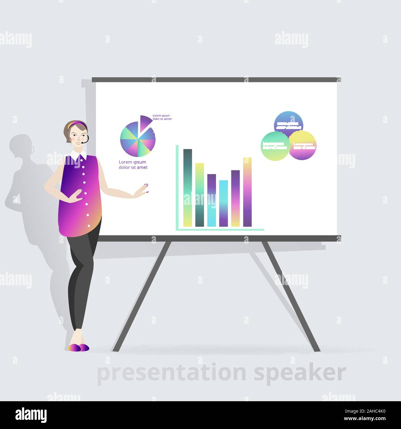 Beautiful smiling woman, presentation speaker near board with graphs ...