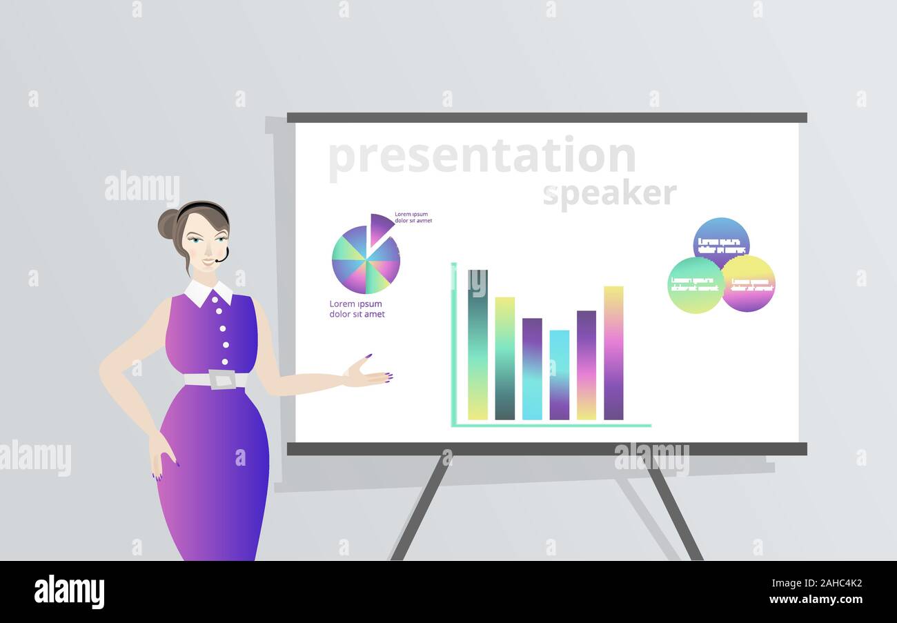 Beautiful smiling woman, presentation speaker near board with graphs ...
