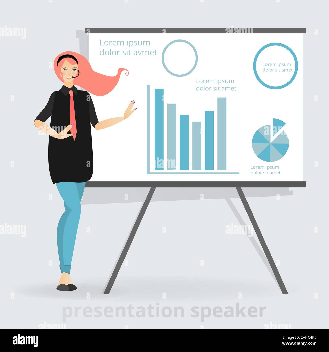 Beautiful smiling woman, presentation speaker near board with graphs ...