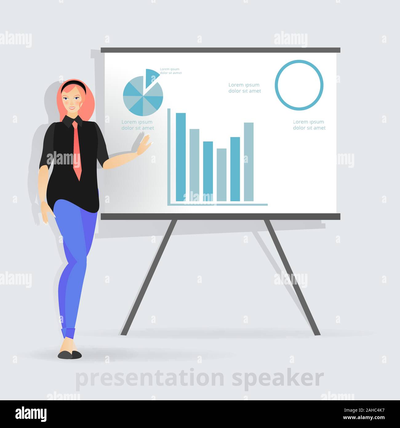 Beautiful smiling woman, presentation speaker near board with graphs ...