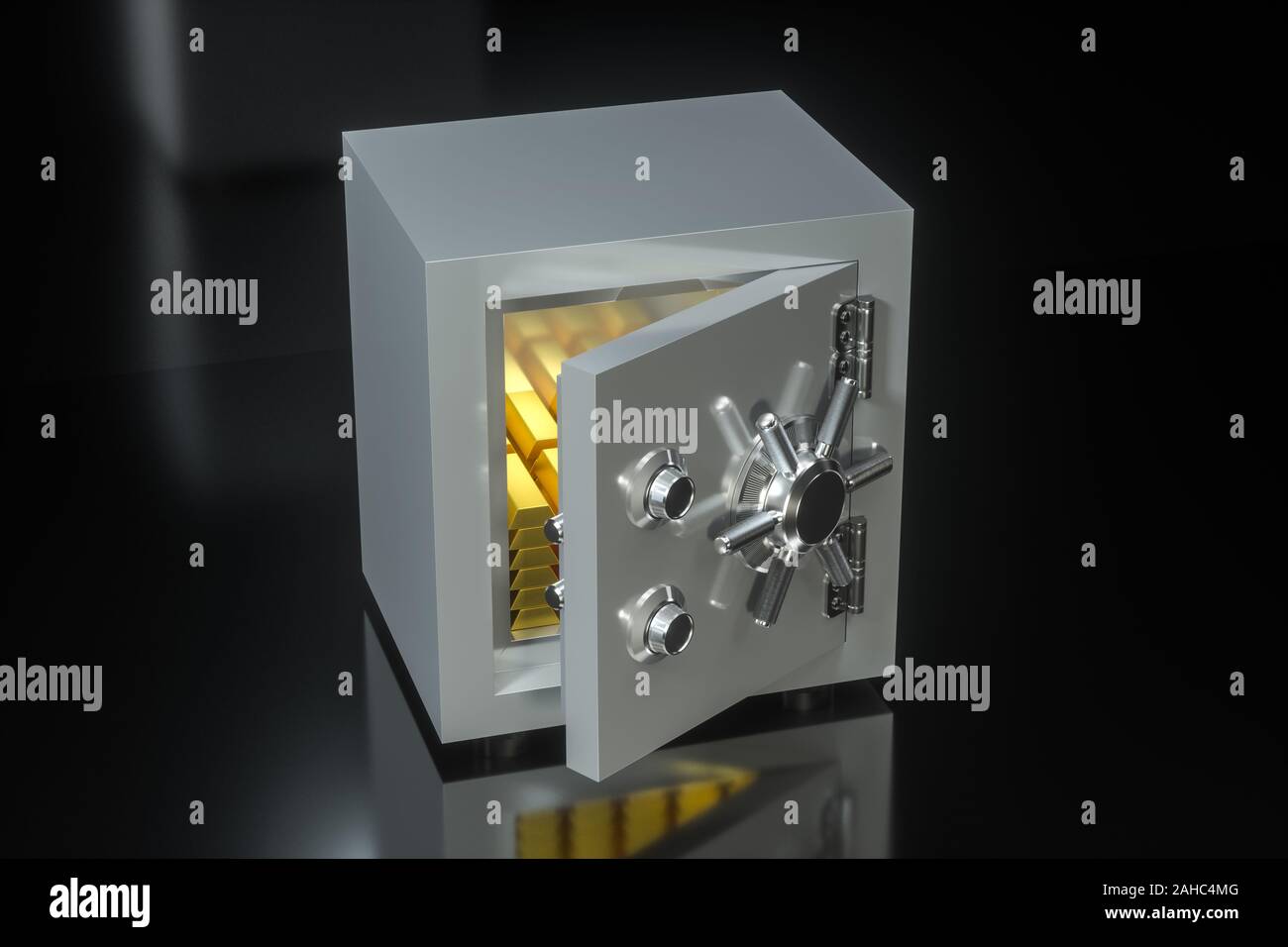 Mechanical safe, with gold bar inside, 3d rendering. Computer digital ...
