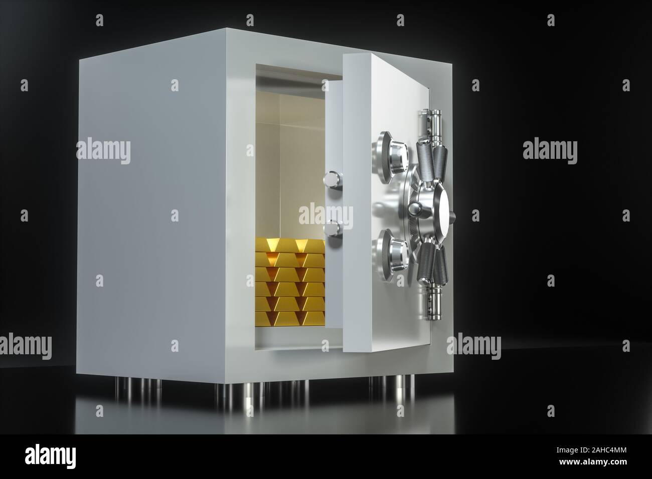 Mechanical safe, with gold bar inside, 3d rendering. Computer digital ...