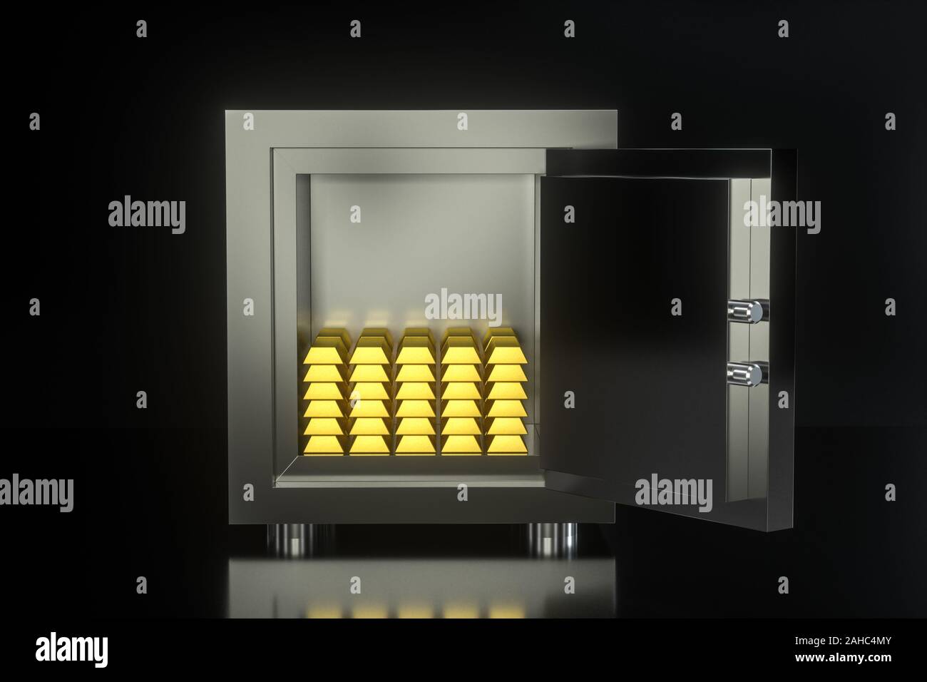 Mechanical safe, with gold bar inside, 3d rendering. Computer digital ...