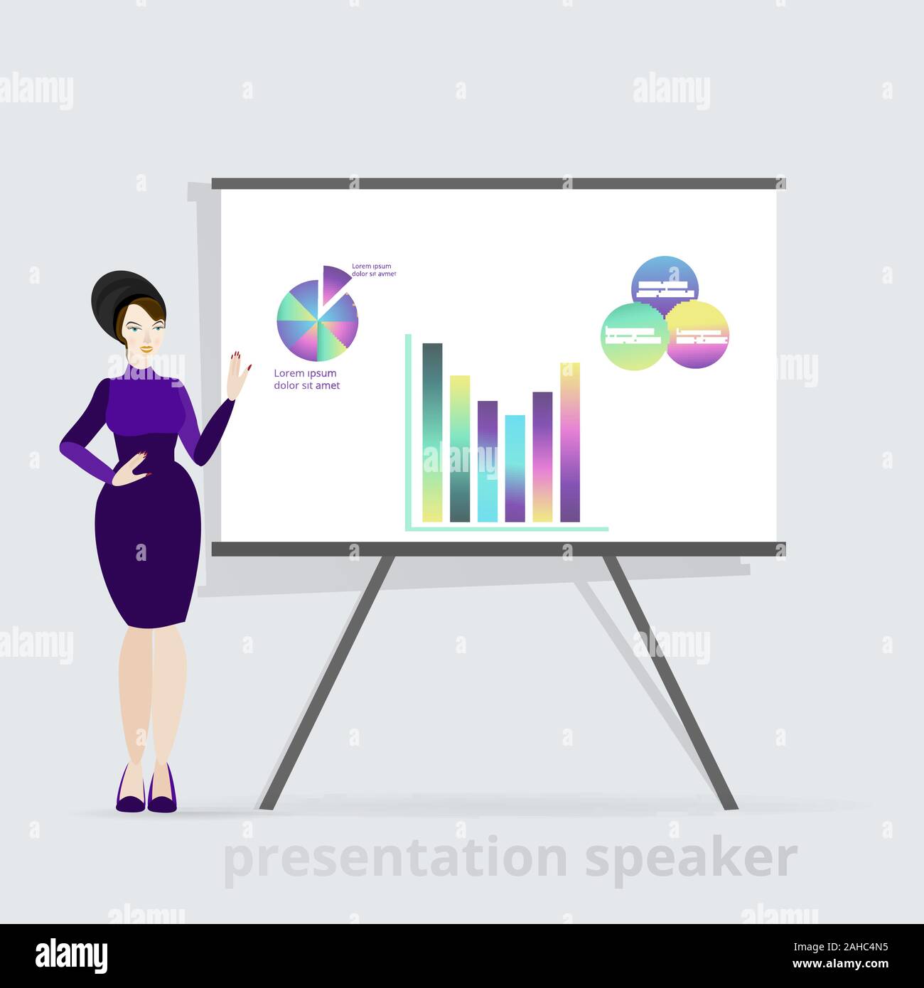 Beautiful smiling woman, presentation speaker near board with graphs ...