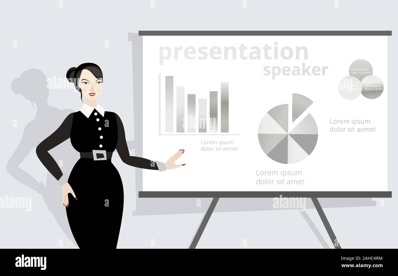 Beautiful smiling woman, presentation speaker near board with graphs ...