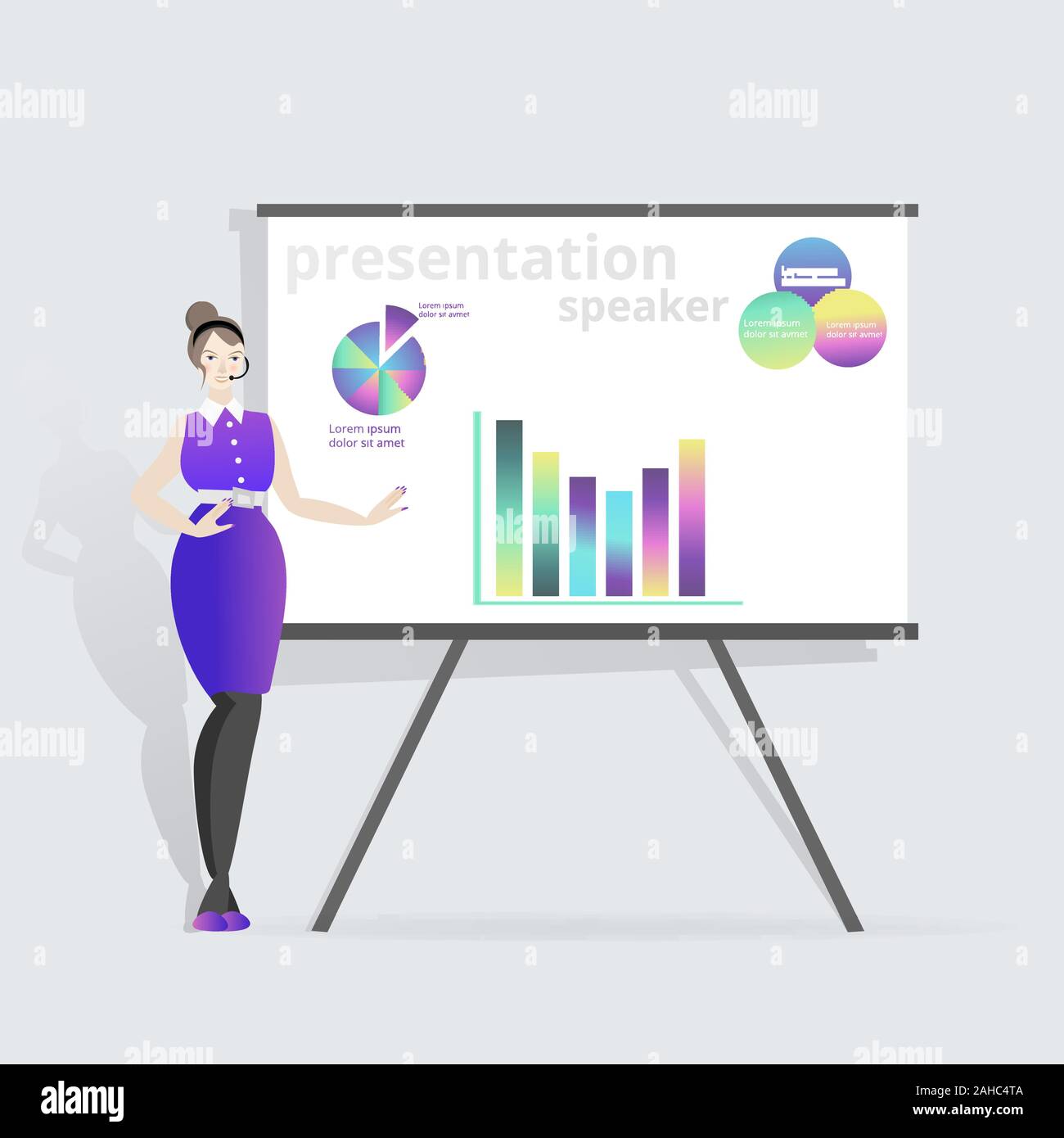 Beautiful smiling woman, presentation speaker near board with graphs ...