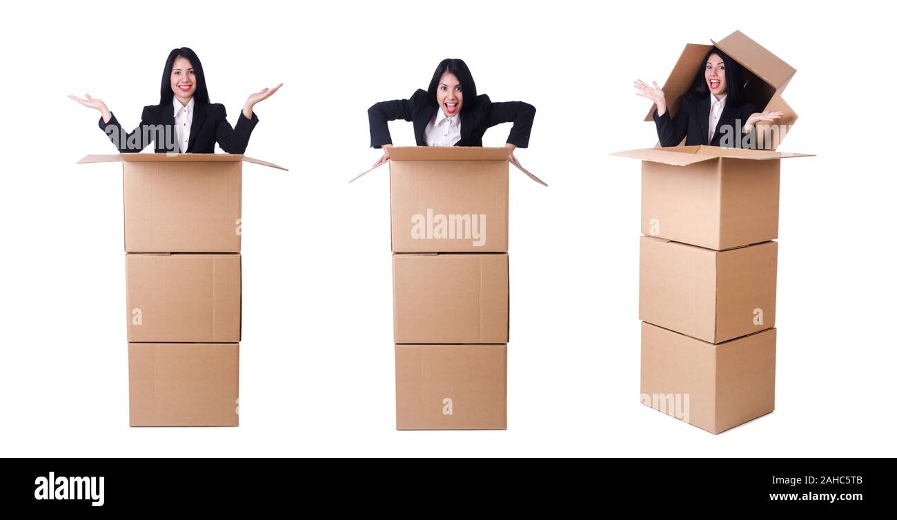 The woman with lots of boxes on white Stock Photo - Alamy