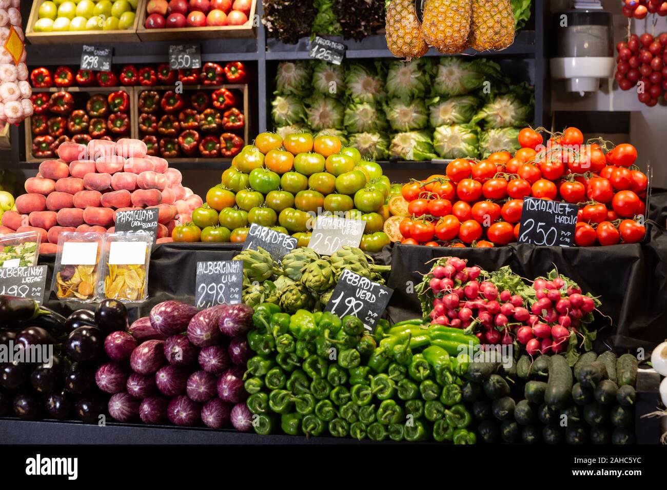 Fruits and vegetables on market counter Stock Photo - Alamy