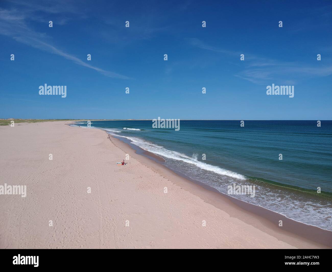August 18, 2018: Aerial view of plage de la Grande Échouerie (Old Harry ...