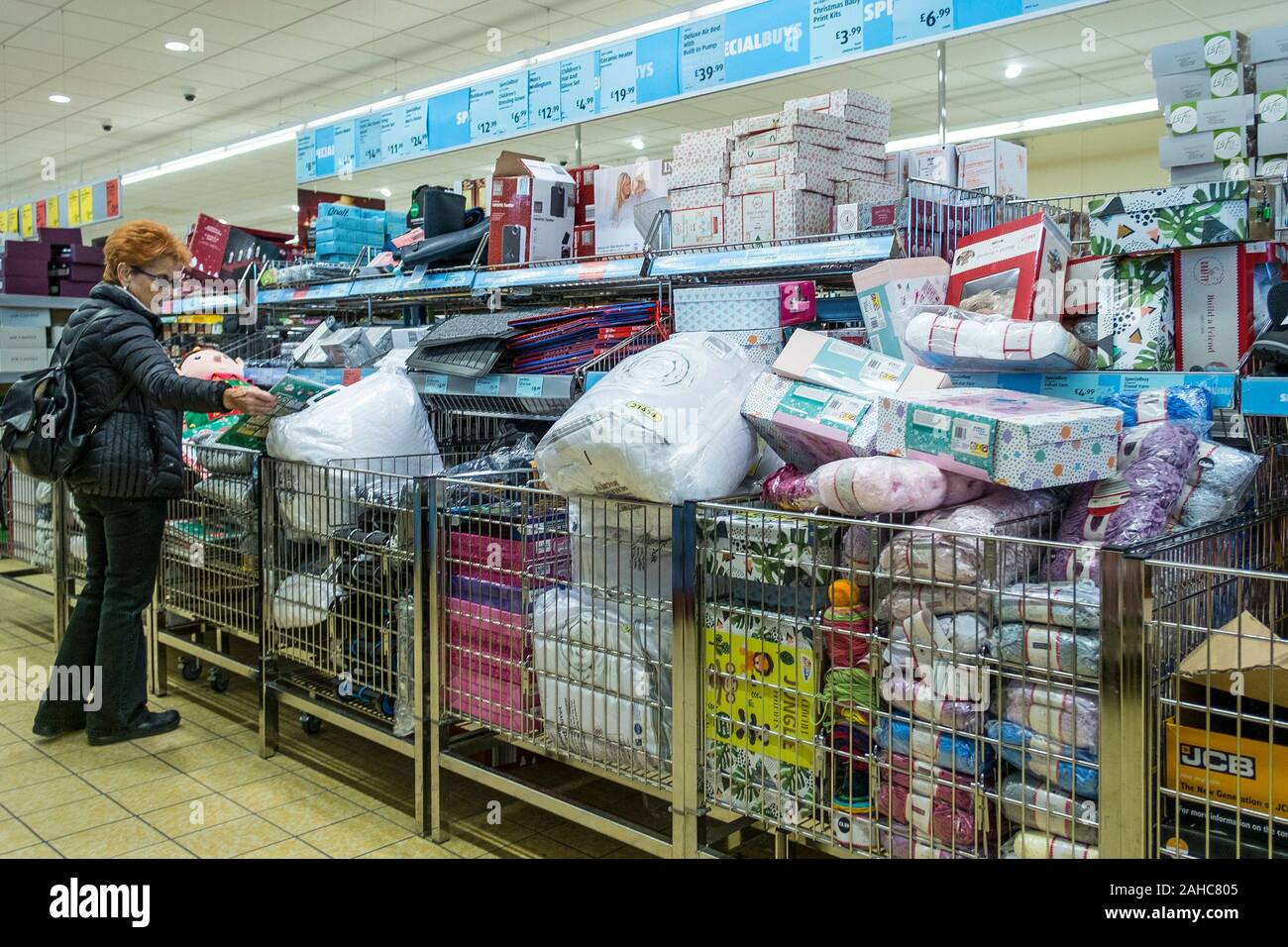 Goods on display in an aisle in ALDI Supermarket in Newquay in Cornwall ...