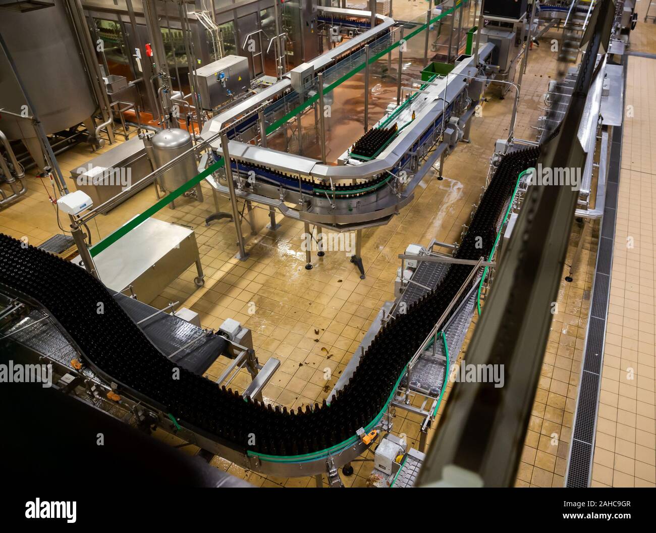 Empty beer bottles on conveyor belt of modern bottling line at brewery ...