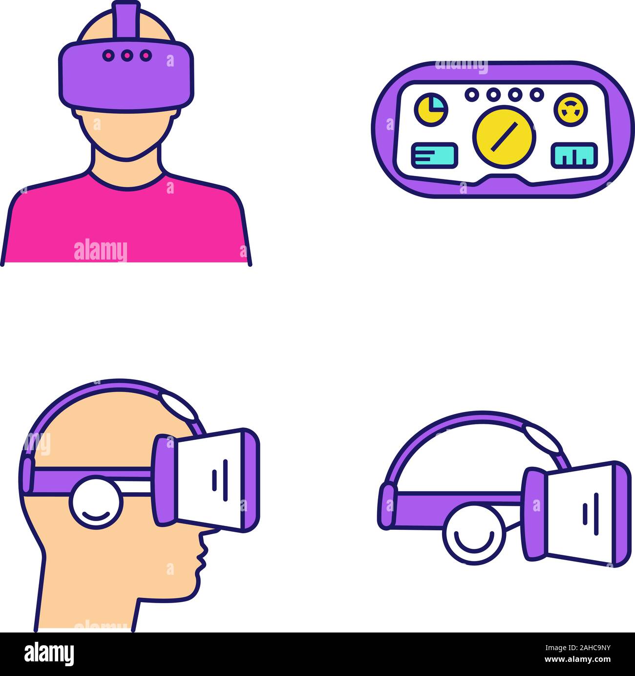 Virtual reality color icons set. VR players, headset HUD, glasses with ...