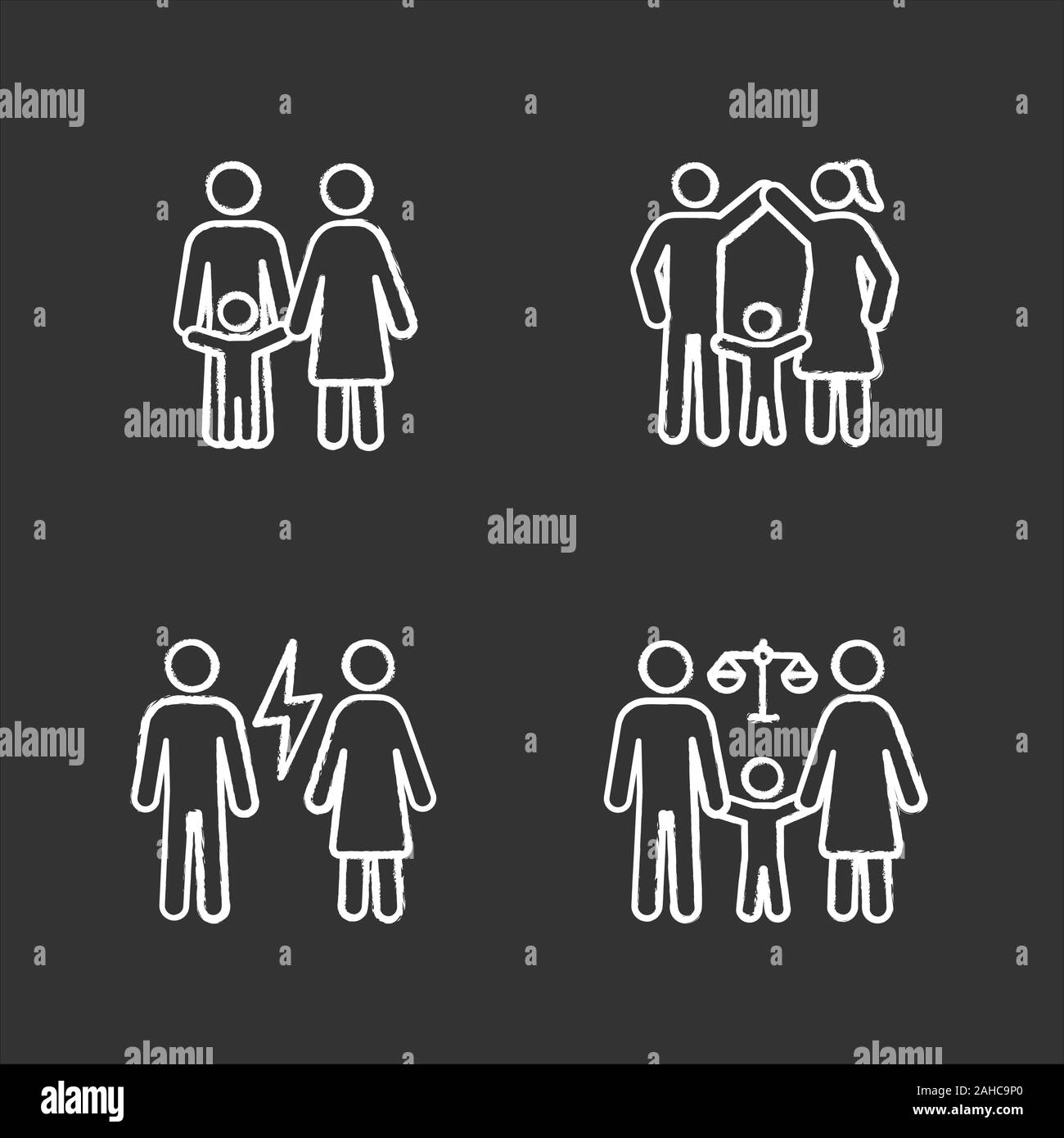 Child custody chalk icons set. Childcare. Happy parenting, child ...