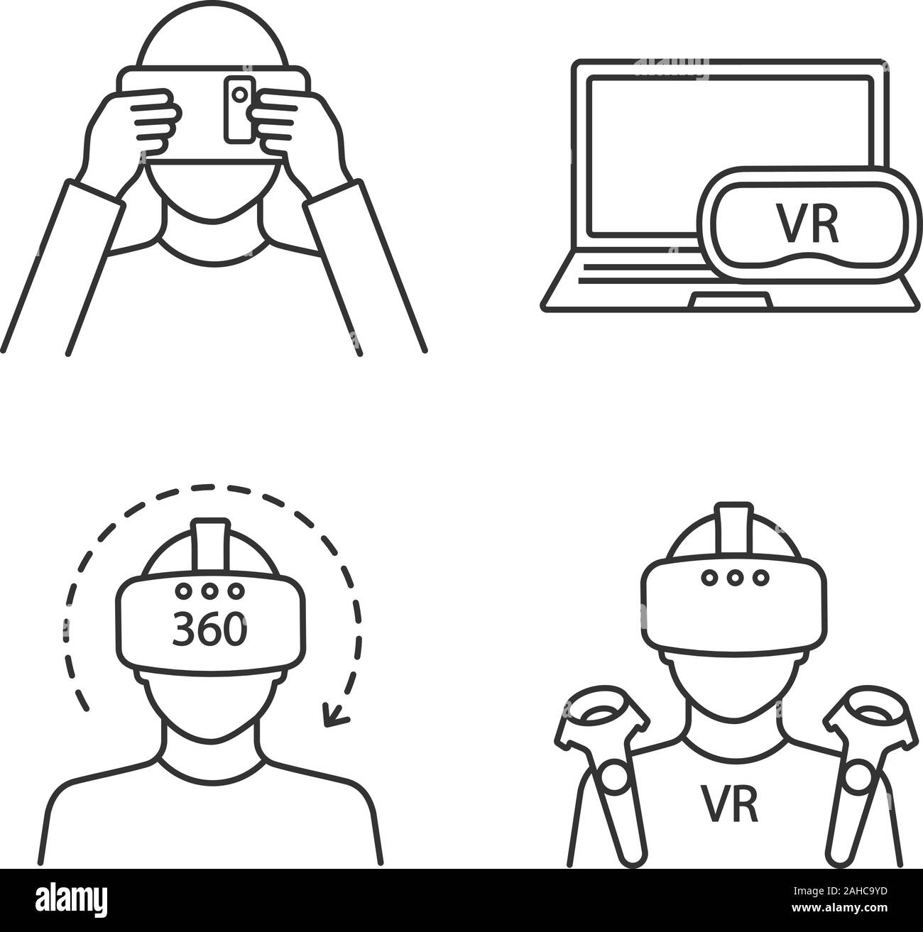 Virtual reality linear icons set. Thin line contour symbols. VR ...