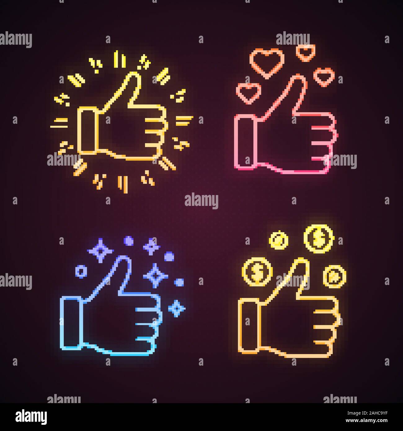 Like neon light icons set. Thumbs up, financial success. Good, nice, ok ...