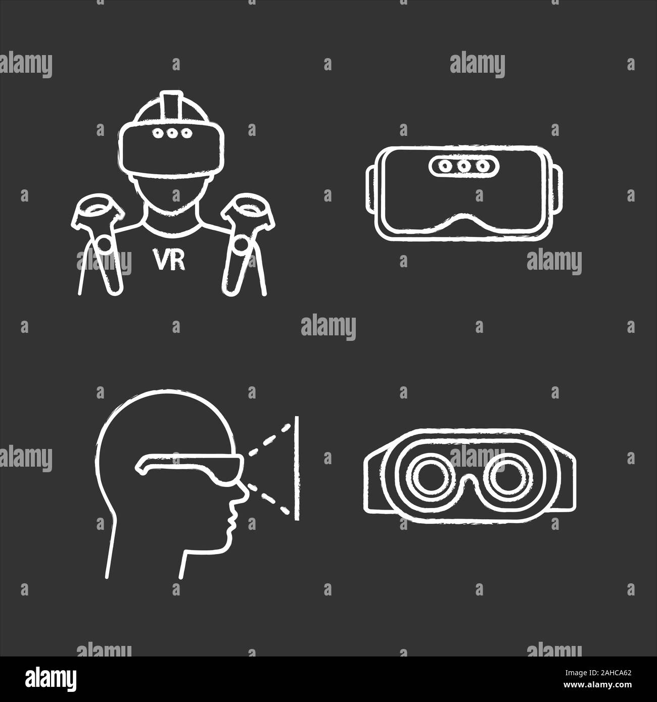 Virtual reality chalk icons set. VR player with mask, wireless ...