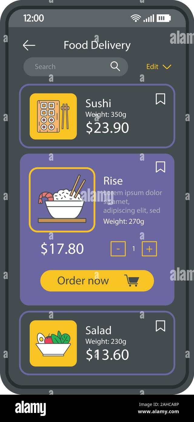 Chinese food delivery smartphone app interface vector template. Mobile application page layout ...