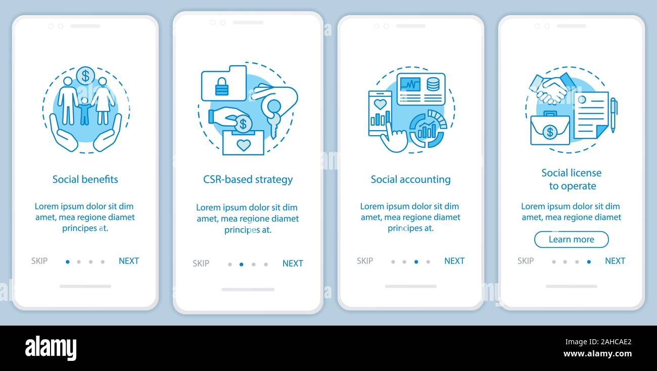 Business ethics onboarding mobile app page screen template. Corporate social responsibility ...