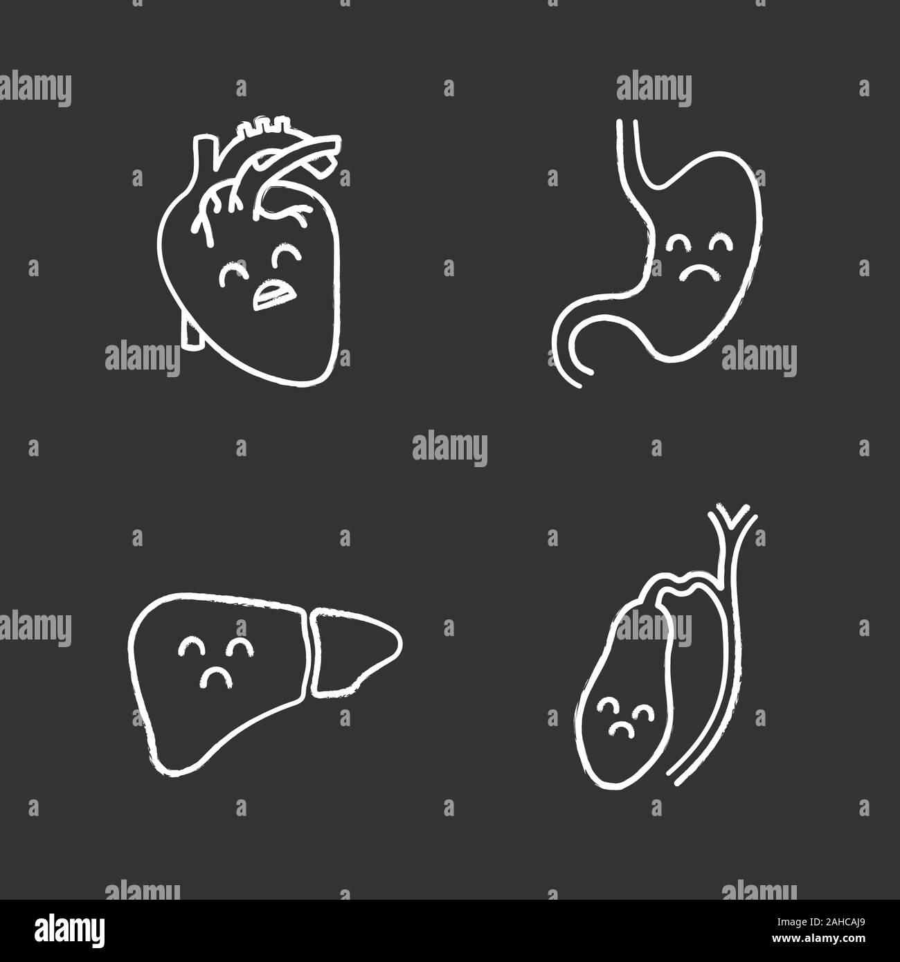 Sad human internal organs chalk icons set. Unhappy heart, stomach ...