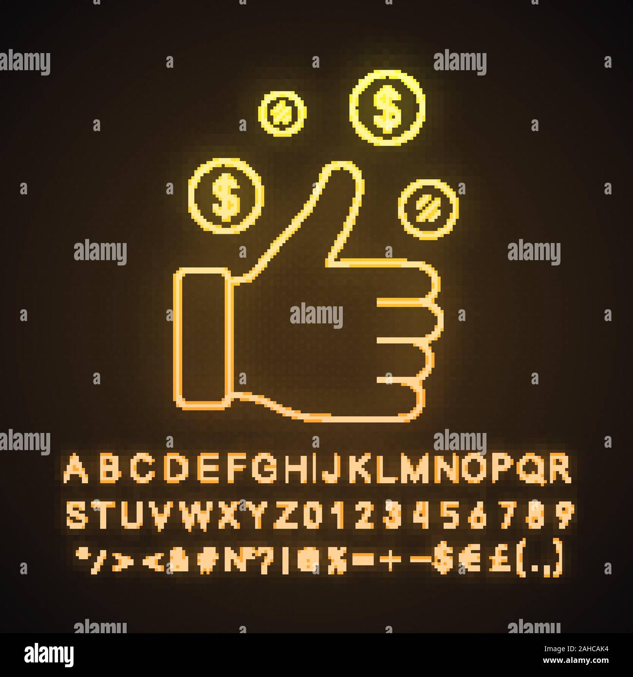 Financial success neon light icon. Thumbs up with dollars. Good luck ...