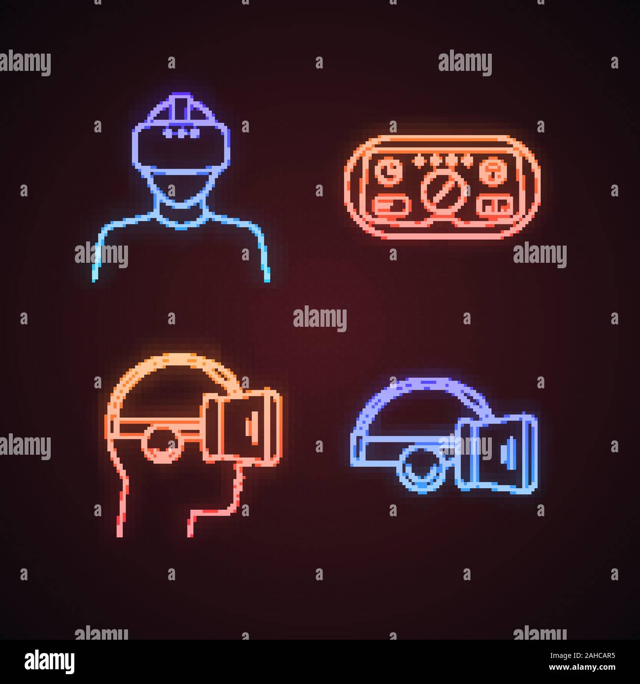Virtual reality neon light icons set. VR players, headset HUD, glasses ...