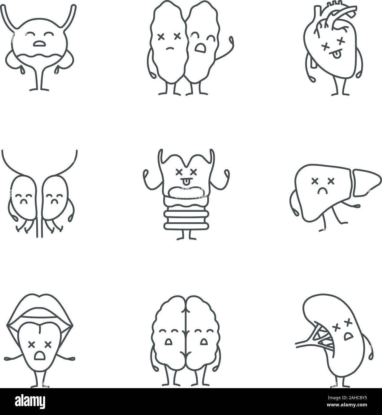 Sad human internal organs characters linear icons set. Thin line ...