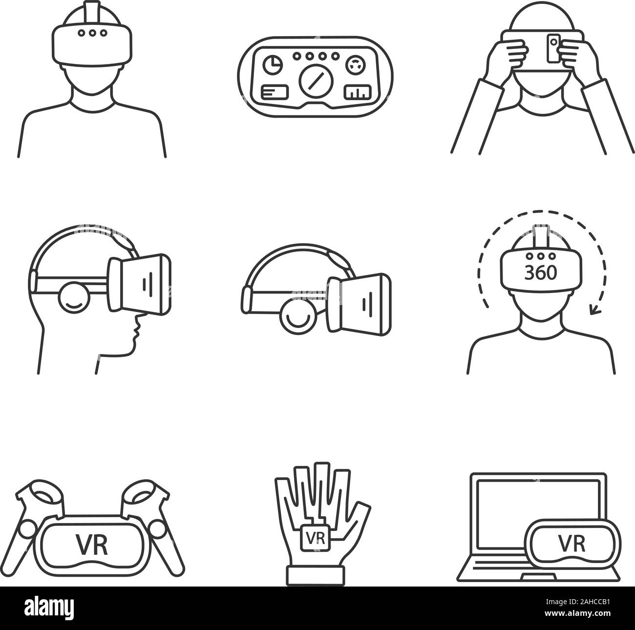 Virtual reality linear icons set. Thin line contour symbols. VR games ...