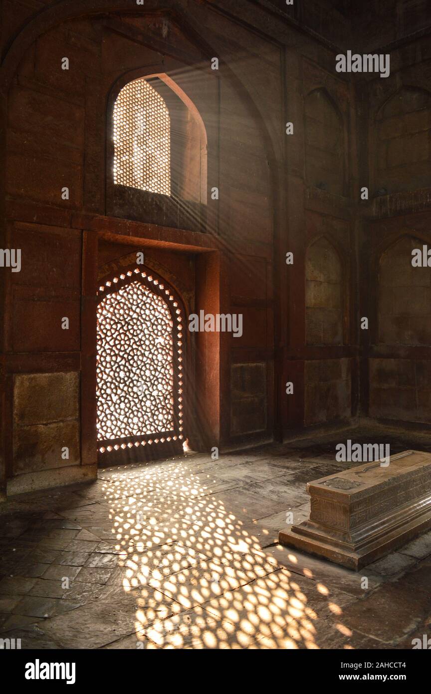 Sun rays create dramatic light and shadow inside of the humayun tomb ...