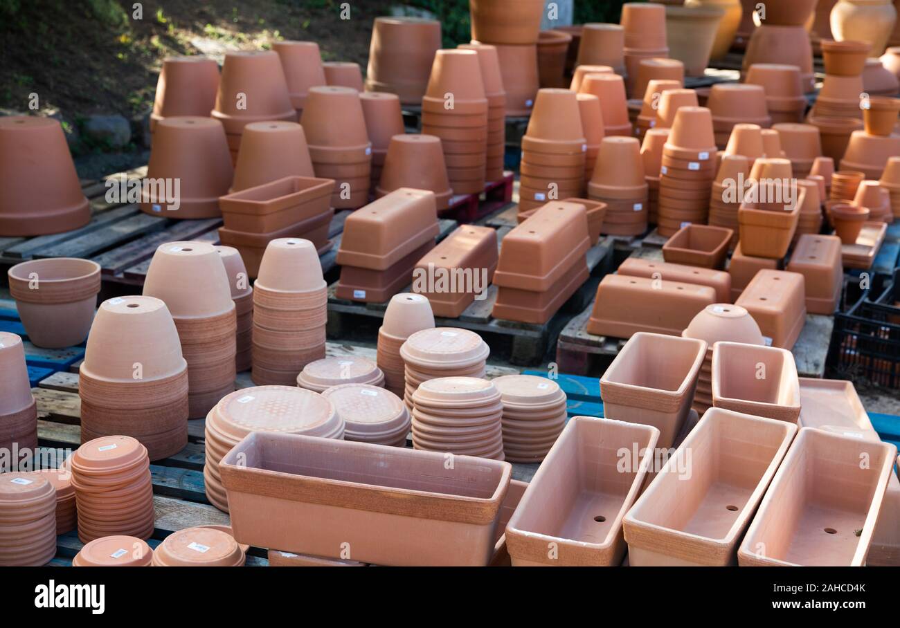 Clay pots of various shapes and sizes for flowers and garden plants for ...