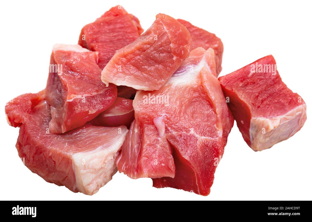 Raw pork neck meat cuts, top view fresh slices. Isolated over white ...
