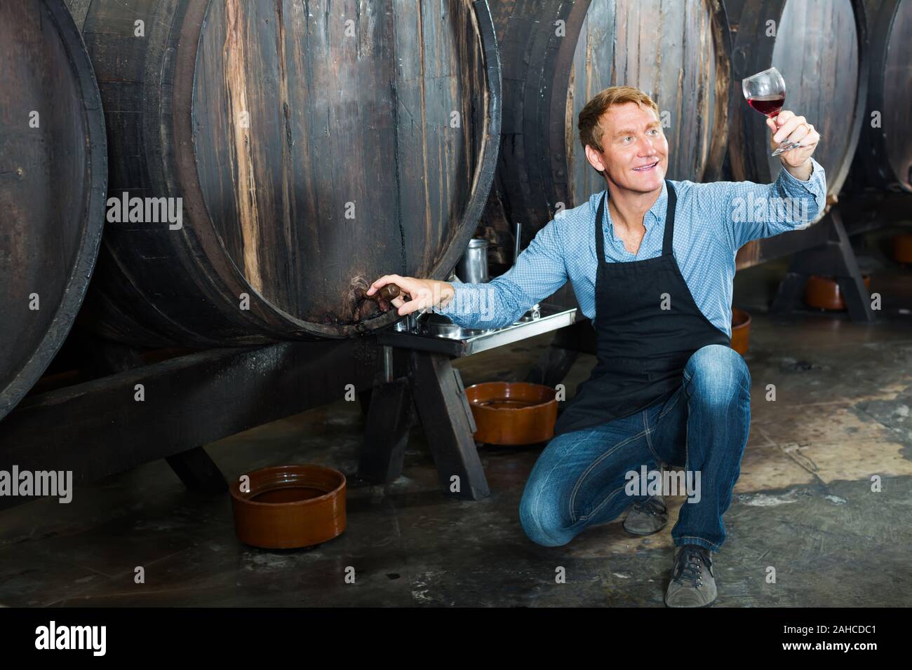 joyful smiling winemaker looking through glass of wine for checking ...