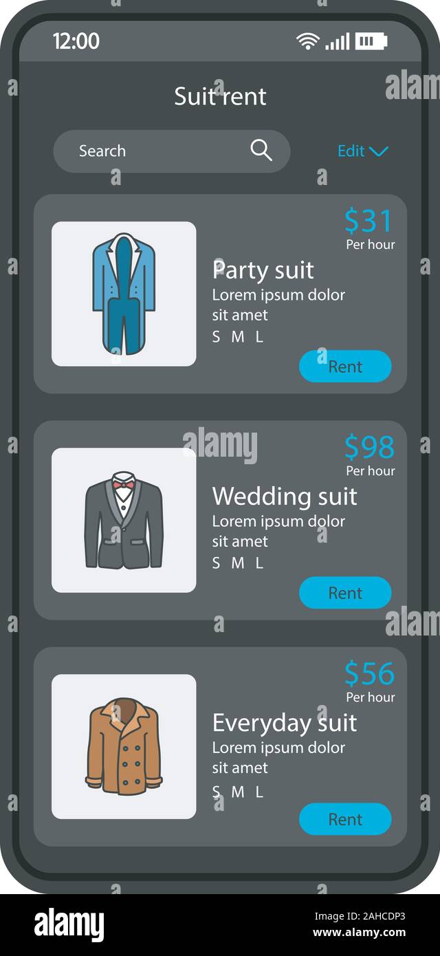 Clothes rent application smartphone interface vector template. Party ... Clothes rent application smartphone interface vector template. Party ...