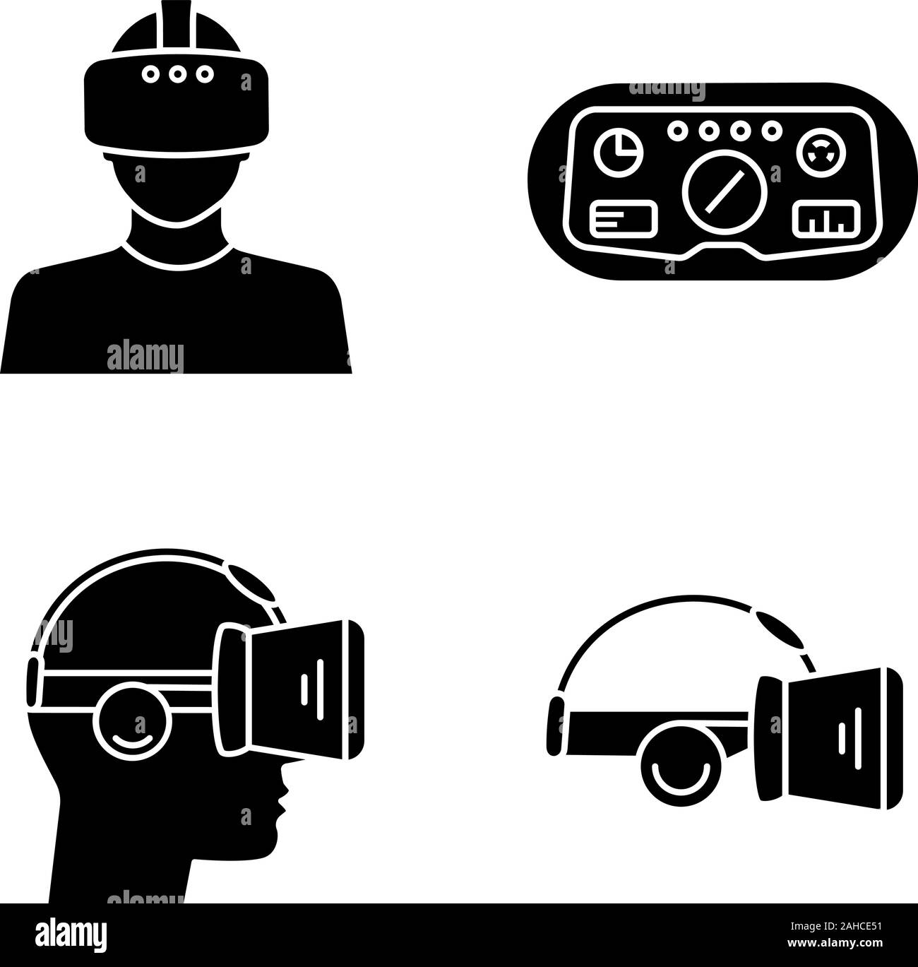 Virtual reality glyph icons set. Silhouette symbols. VR players, headset HUD, glasses with built ...