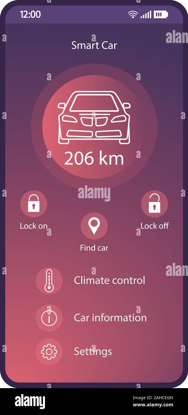 Smart car control app mobile interface vector template. Smartphone ...