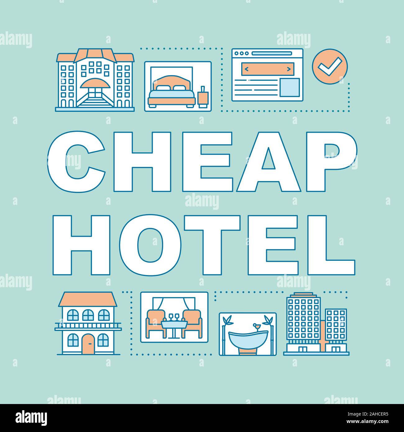 Cheap hotel word concepts banner. Hotel buildings and rooms. Spa salon ...