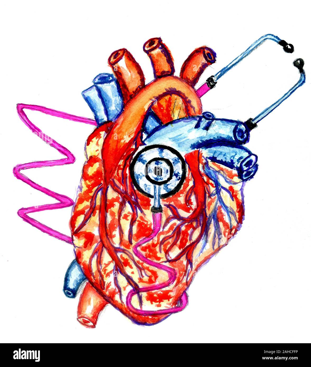 Medicine diagnosis instrument, stethoscope with human heart, hand drawn ...