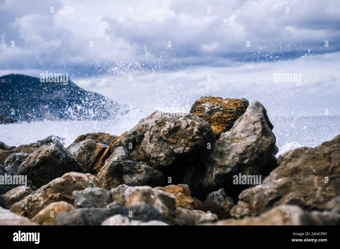 waves hitting the rocks in port of valldemossa, majorca, balearic ...